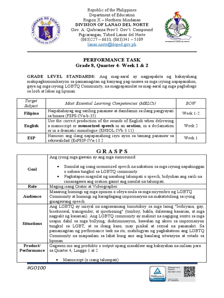 Performance Task Grade 8, Quarter 4-Week 1 & 2: Grasps | PDF