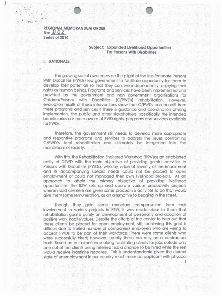 RMO No 002 S 2014 Expanded Livelihood Opportuinities For Persons With Disabilitiies | PDF