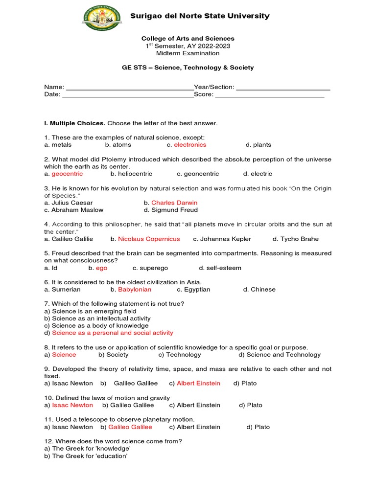 Sts Midterm Exam (Answer Key) | PDF | Id | Science