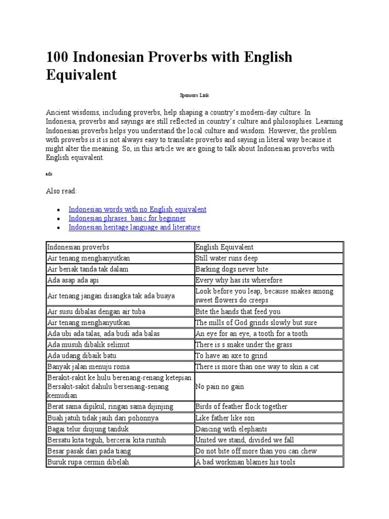 100 Indonesian Proverbs With English Equivalent | PDF | Proverb | Indonesian Language