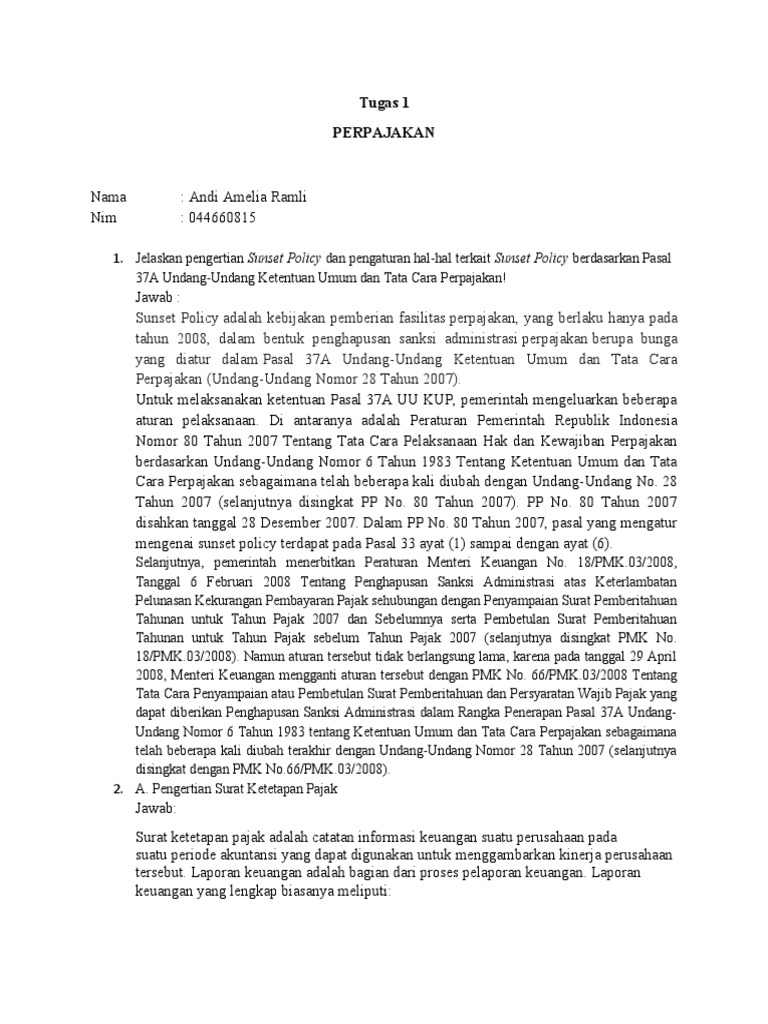Tugas 1 - Perpajakan - Andi Amelia Ramli | PDF | Pengelolaan Keuangan & Uang | Hukum
