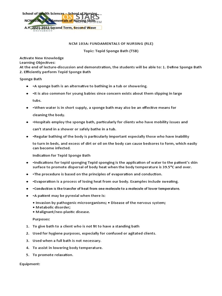 Tepid Sponge Bath Skills | PDF | Bathing | Nursing