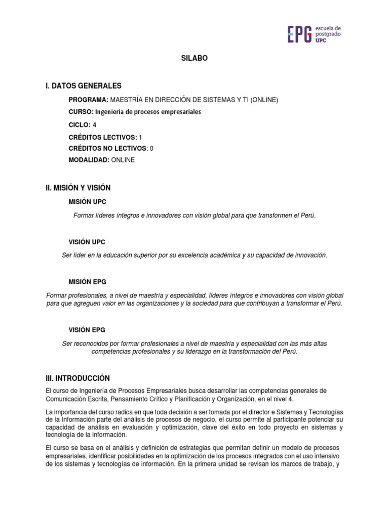 SILABO EPG Ing Procesos empresarialesOK | PDF | Liderazgo | Tecnologías de la información