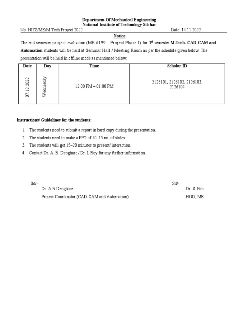 End - Semester Project Evaluation Notice - CCA - 2022 | PDF