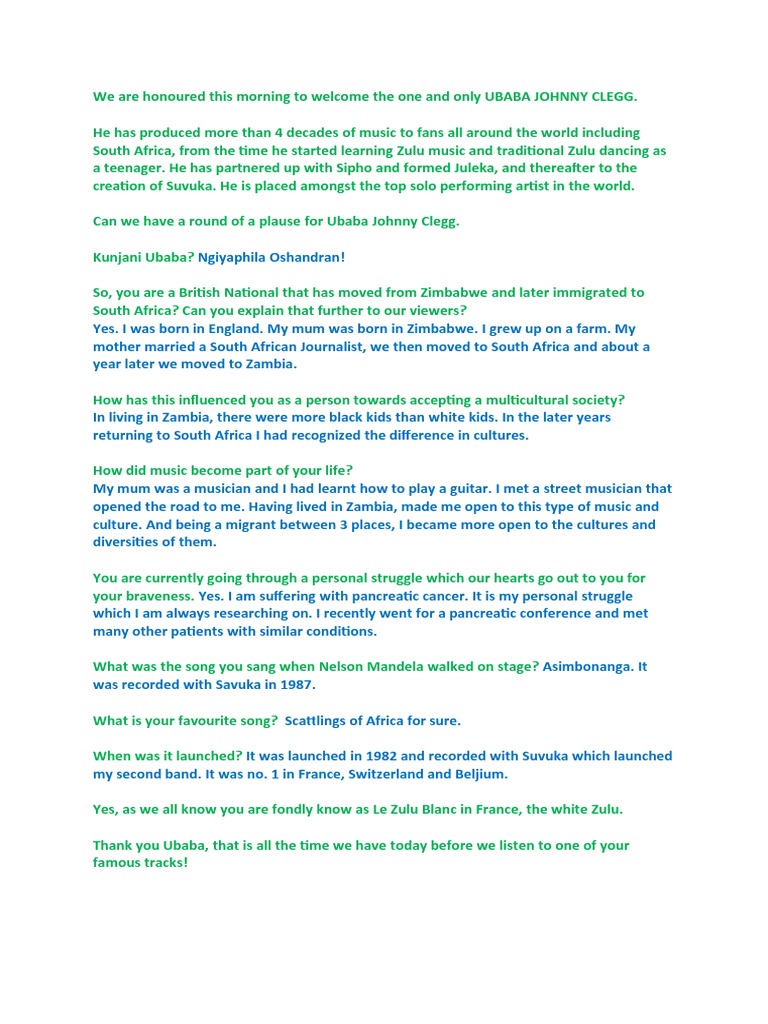 Johnny Clegg English Interview | PDF | Art