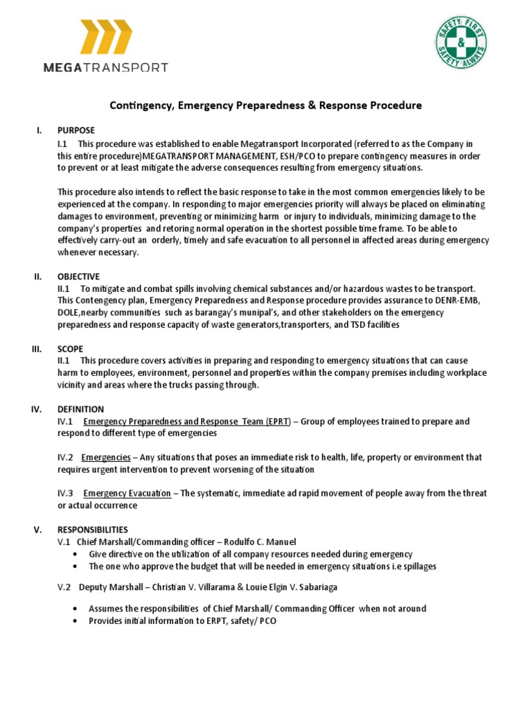 Contingency, Emergency Preparedness & Response Procedure | PDF