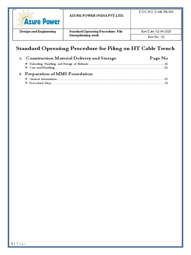 Standard Operating Procedure For Piling On HT Cable Trench 1 | PDF ...
