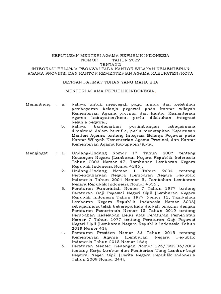 Draft Kma Tentang Integrasi Belanja Pegawai Pada Kanwil Dan Kankemenag Kab-Kota | PDF