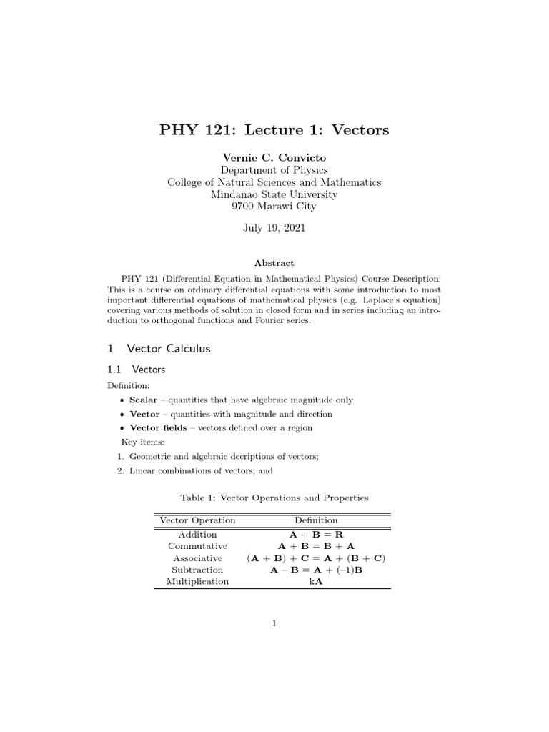 PHY 121 Lecture 1 | PDF | Vector Space | Euclidean Vector