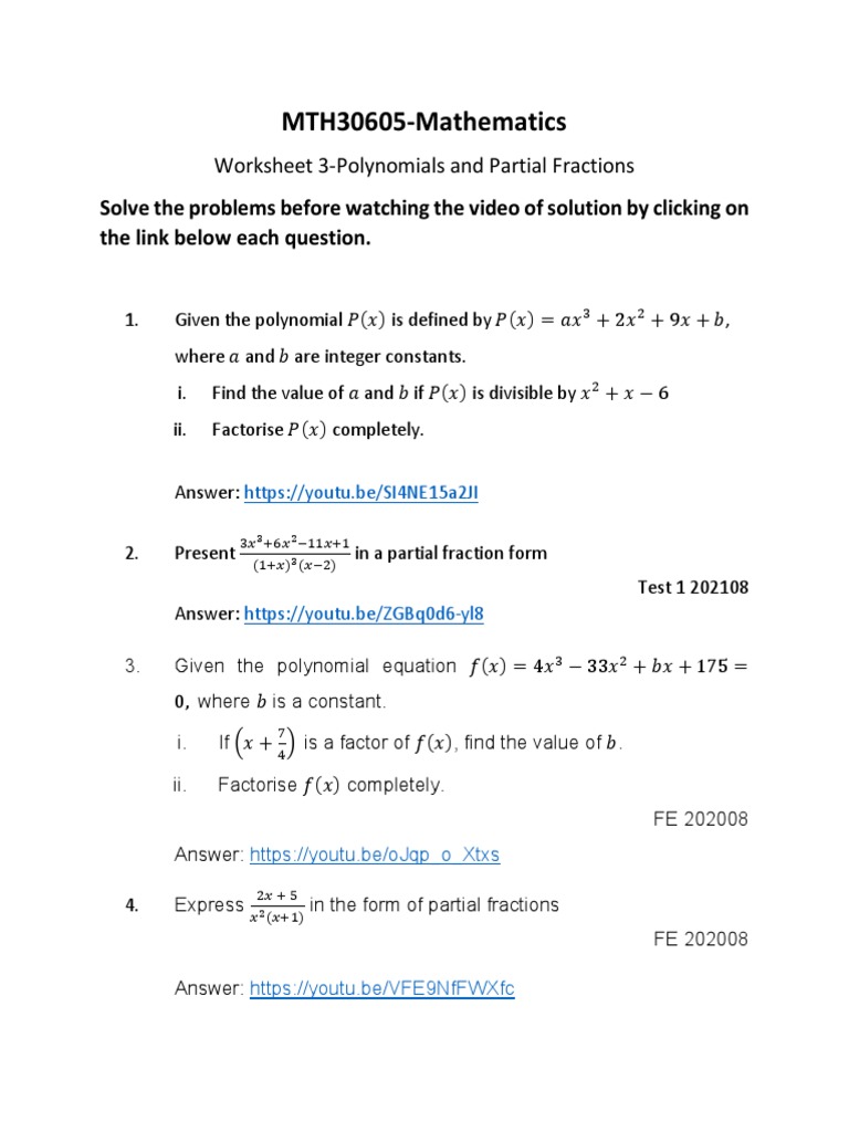Worksheet 3 | PDF | Factorization | Polynomial