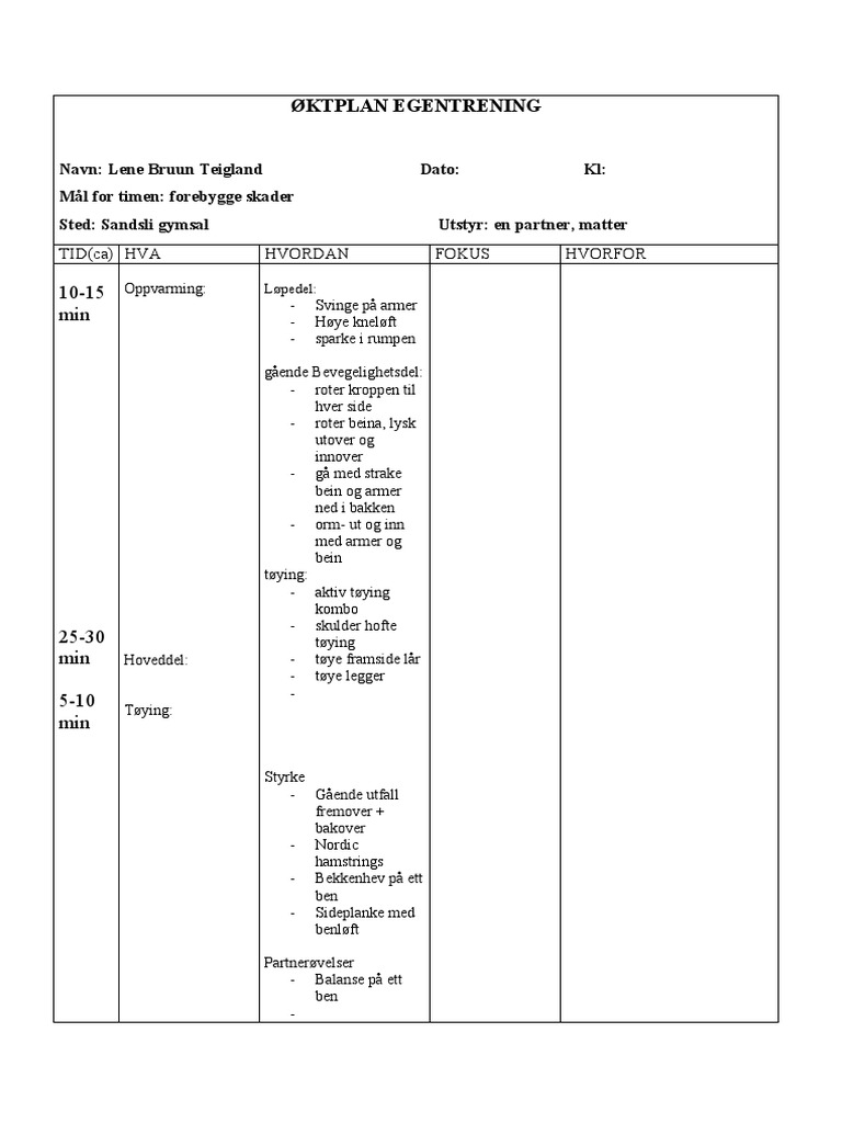 Øktplan Egentrening | PDF