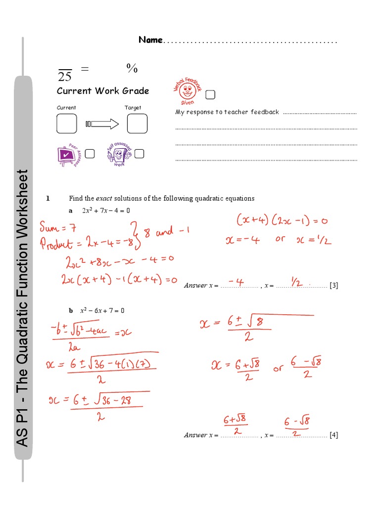 The Quadratic Function Worksheet - Completed | PDF | Algebra