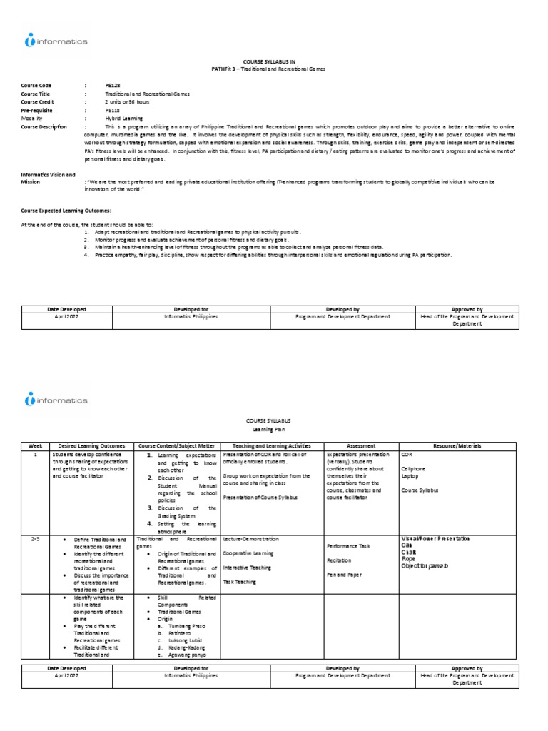 Done - OBE Syllabus - PathFit 3 - Traditional and Recreational Games ...