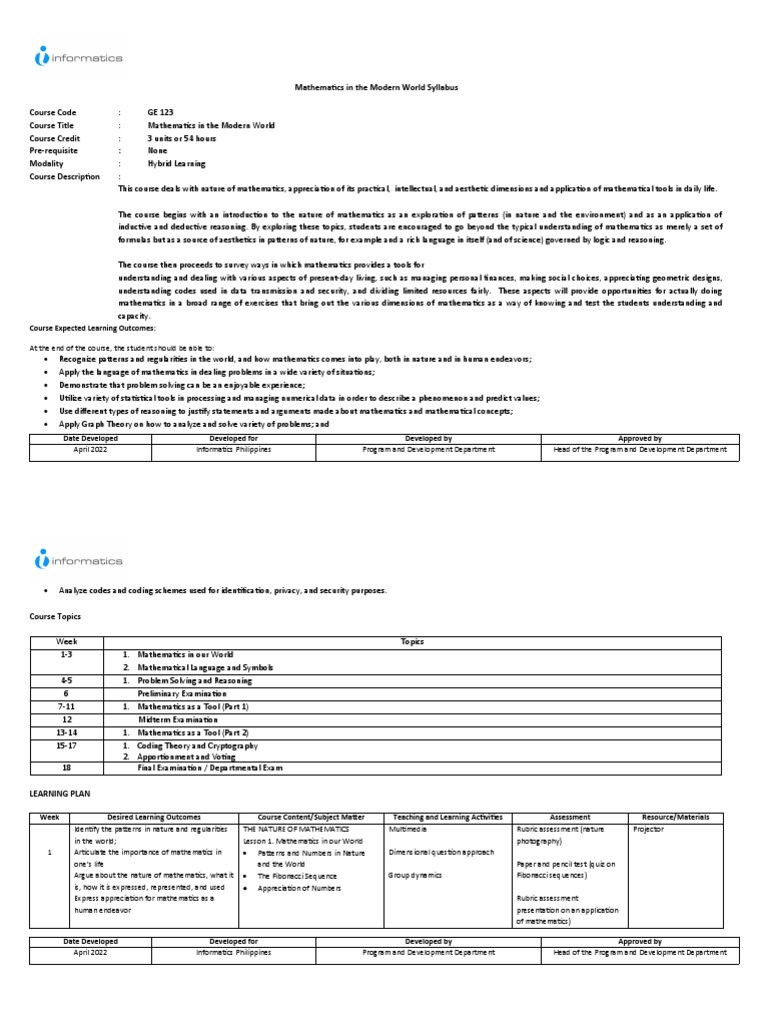 Mathematics in The Modern World Syllabus | PDF | Mathematics | Statistics