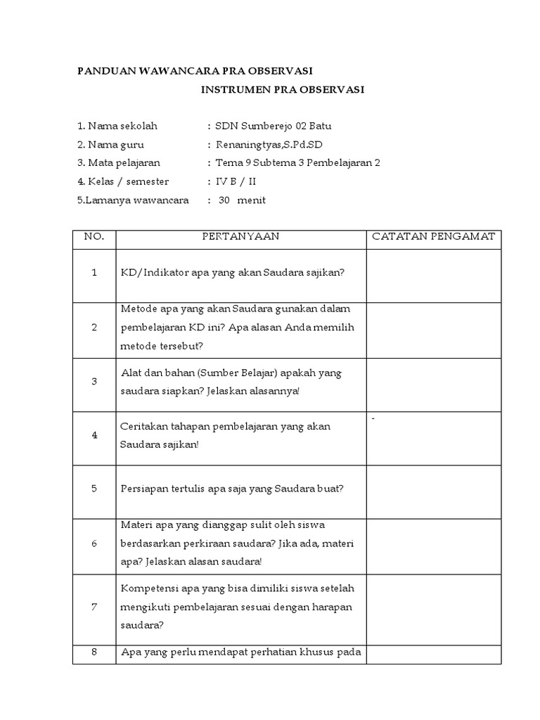 Panduan Wawancara Pra Observasi | PDF