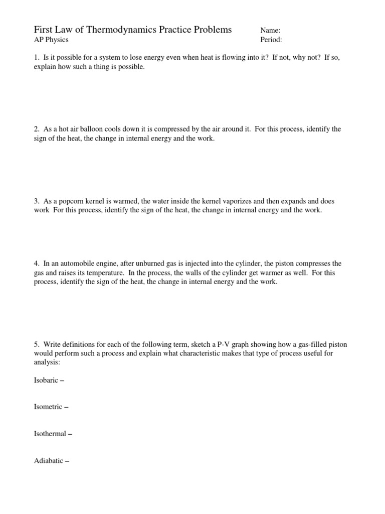 First Law of Thermodynamics Practice Problems - Compress | PDF | Heat | Gases