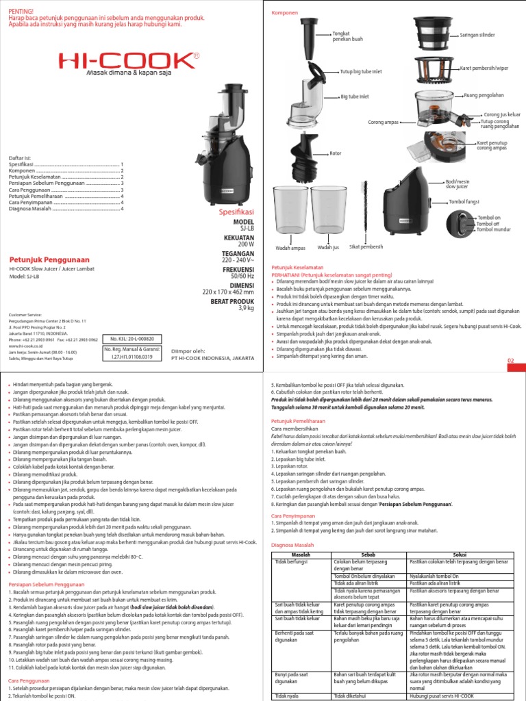 User Manual Hi Cook Slow Juicer SJ LB | PDF