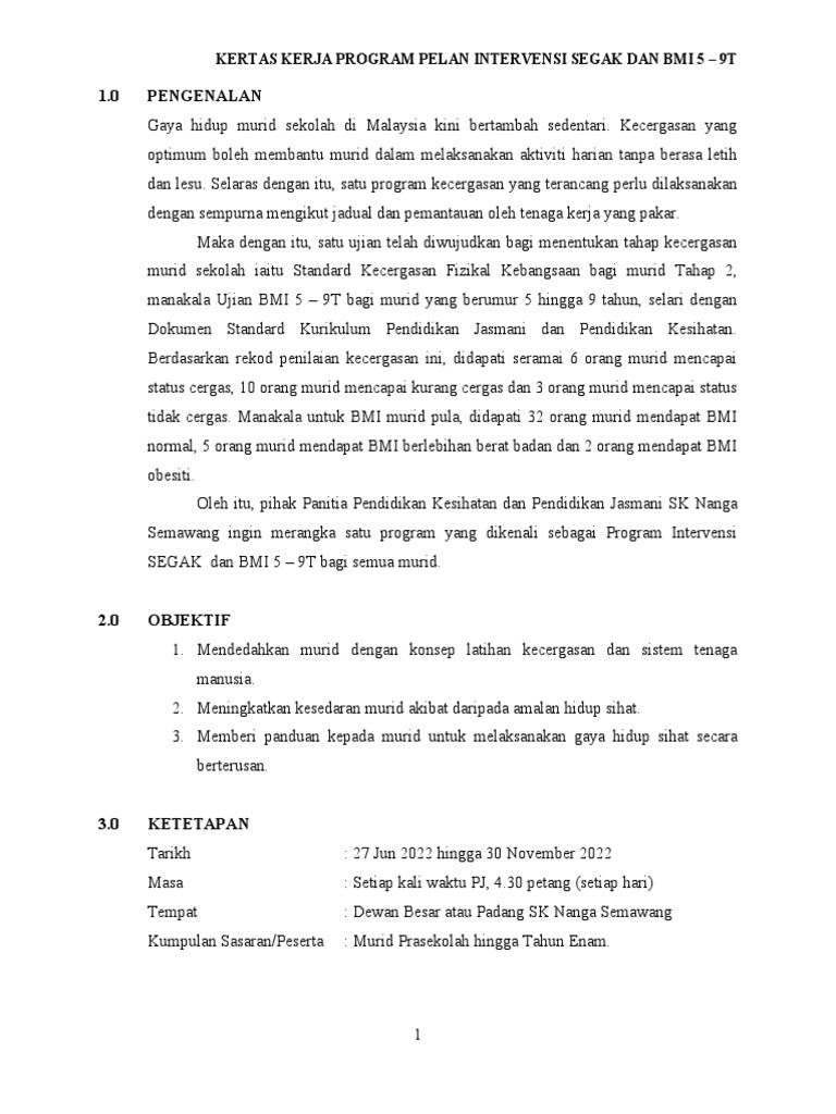 Kertas Kerja Pelan Intervensi Segak Dan BMI - 1 | PDF