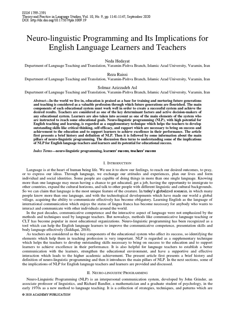 Neuro-Linguistic Programming and Its Implications For English Language Learners and Teachers ...