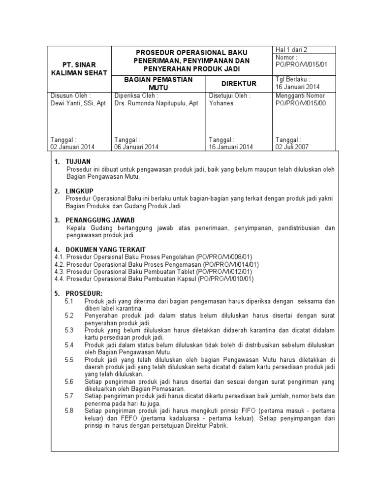 POB PENERIMAAN, PENYIMPANAN DAN PENYERAHAN PRODUK JADI Terbaru | PDF