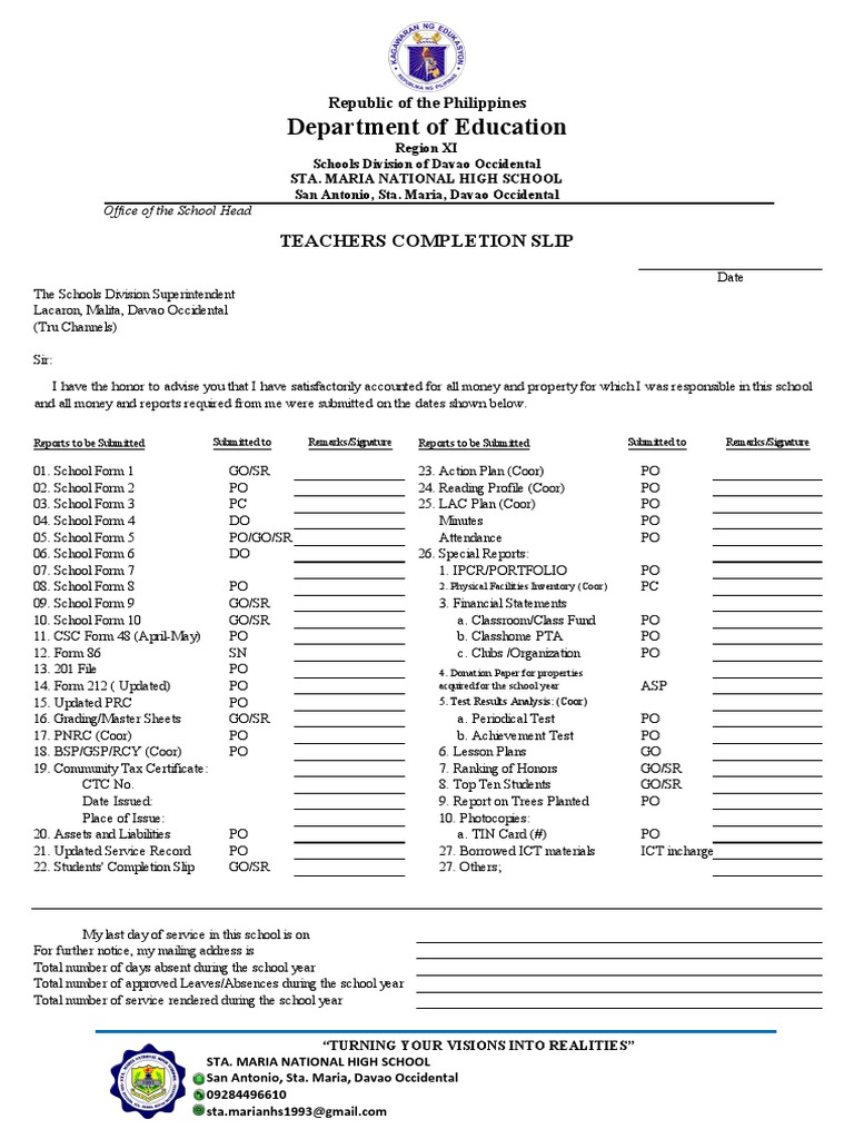 Completion Slip For Teachers-Front | PDF | Economies