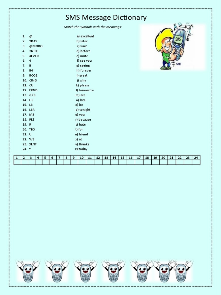 SMS Message Dictionary: Match The Symbols With The Meanings | PDF