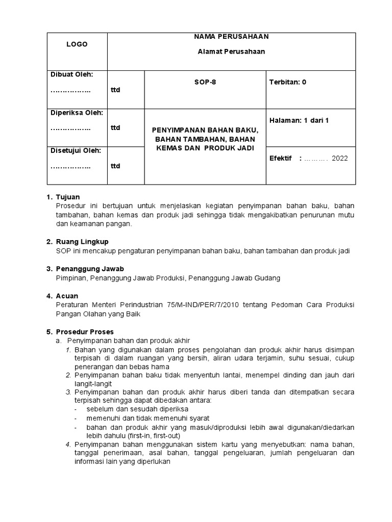 SOP Penyimpanan Bahan Pangan Aman | PDF
