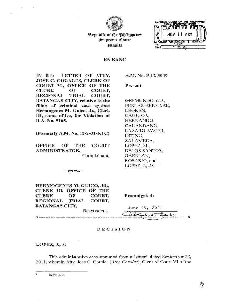 In Re_ Letter of Atty. Jose c. Corales, Clerk of Court VI, Office of ...