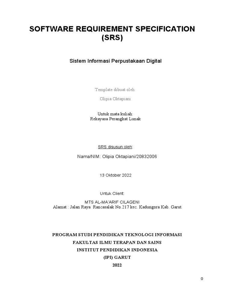 Software Requirement Specification (SRS) : Sistem Informasi Perpustakaan Digital | PDF