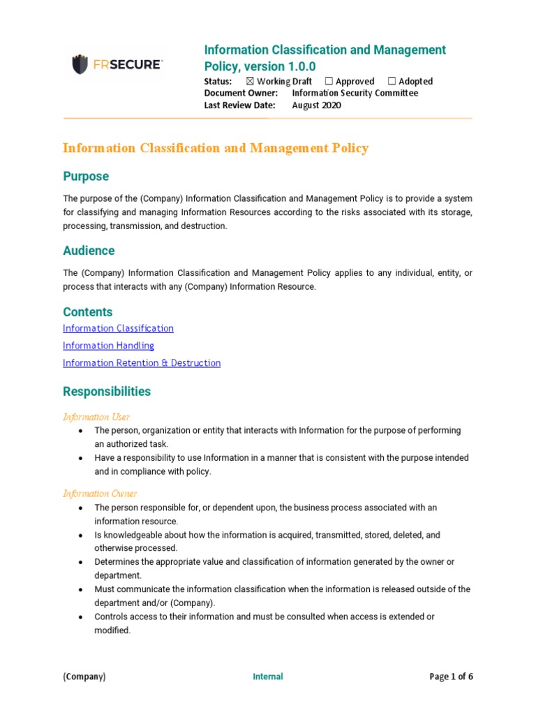 Information Classification and Management Policy Template | PDF ...