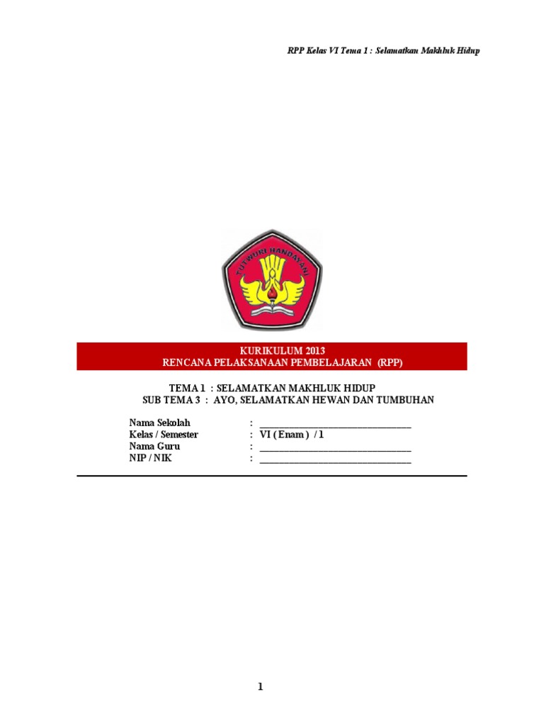 RPP Tema 1 Ayo, Selamatkan Hewan Dan Tumbuhan | PDF