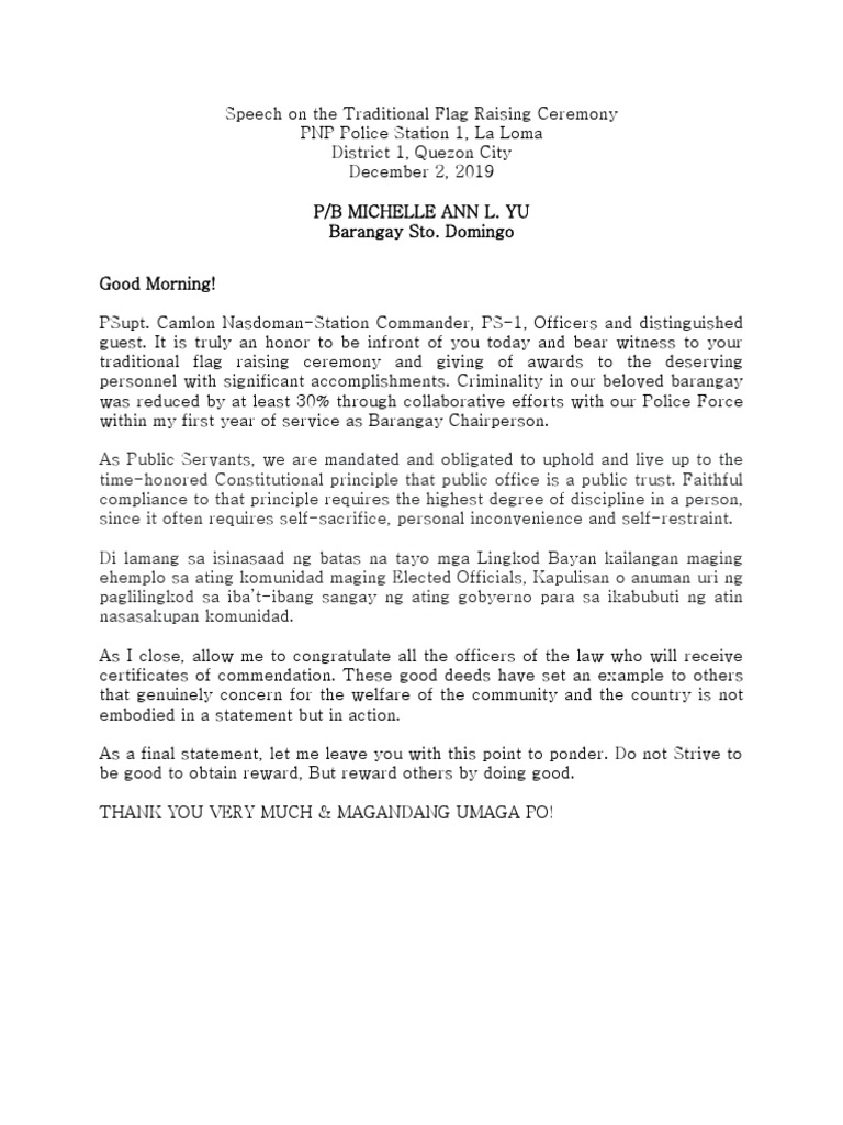 Speech On The Traditional Flag Raising Ceremony | PDF