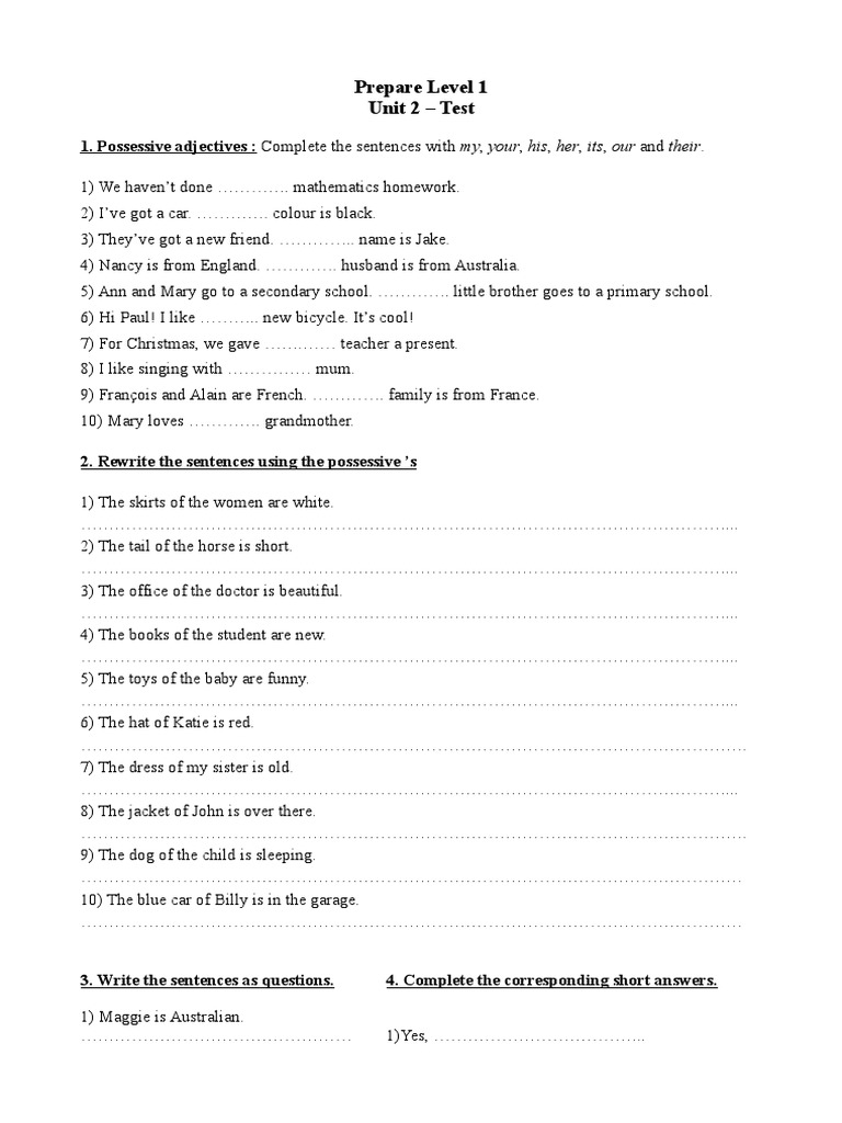 Prepare! Level 1 Unit 2 Test | PDF