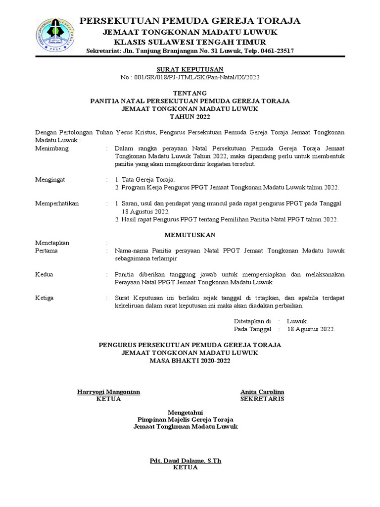 Panitia Natal PPGT Jemaat Madatu 2022 | PDF