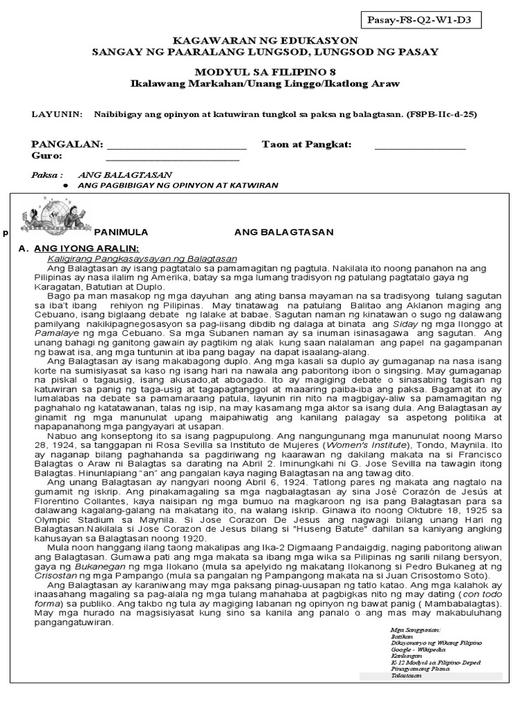 Kagawaran NG Edukasyon Sangay NG Paaralang Lungsod, Lungsod NG Pasay Modyul Sa Filipino 8 ...