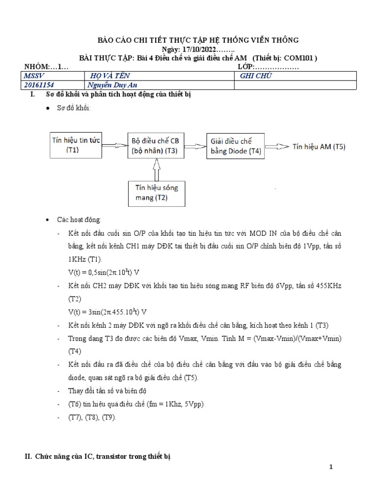 Mssv Họ Và Tên Ghi Chú 20161154 Nguyễn Duy An | PDF
