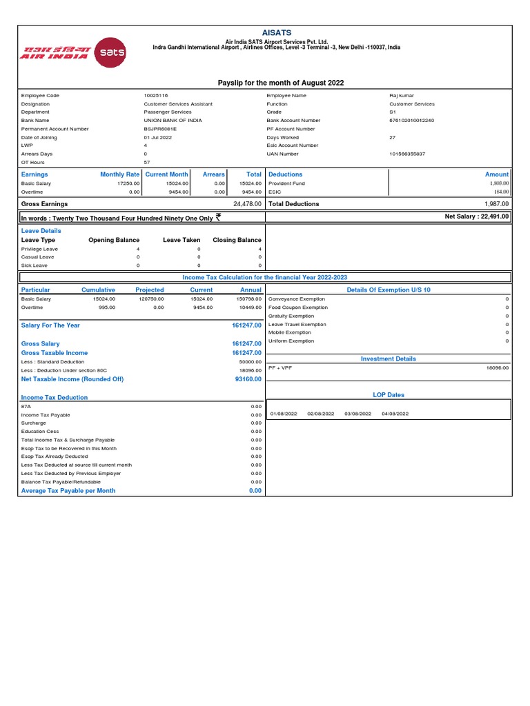 Payslip 2022 2023 8 10025116 AISATS | Download Free PDF | Taxes | Salary