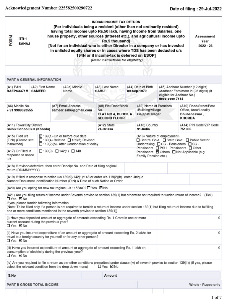 Form ITR-1: Indian Income Tax Return for Assessment Year 2022-23 filed by Sameer Sahu, an ...
