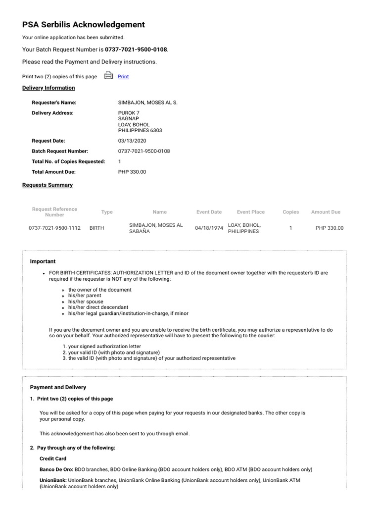 PSA Serbilis Acknowledgement | PDF | Banking