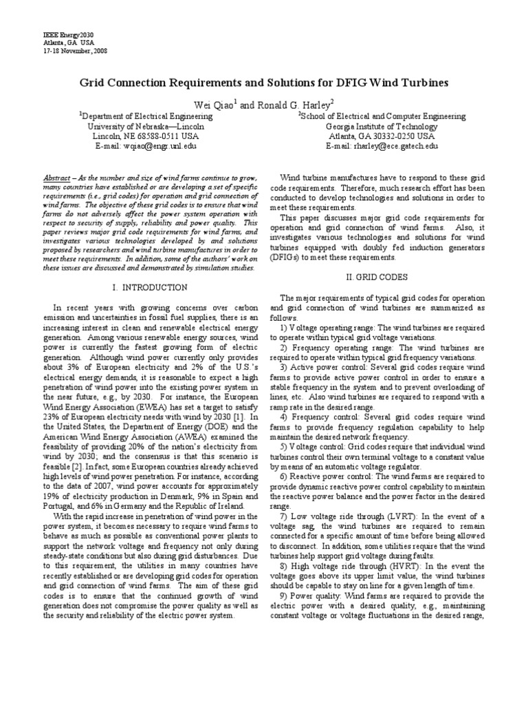 Grid Connection Requirements and Solutions For DFIG Wind Turbines ...