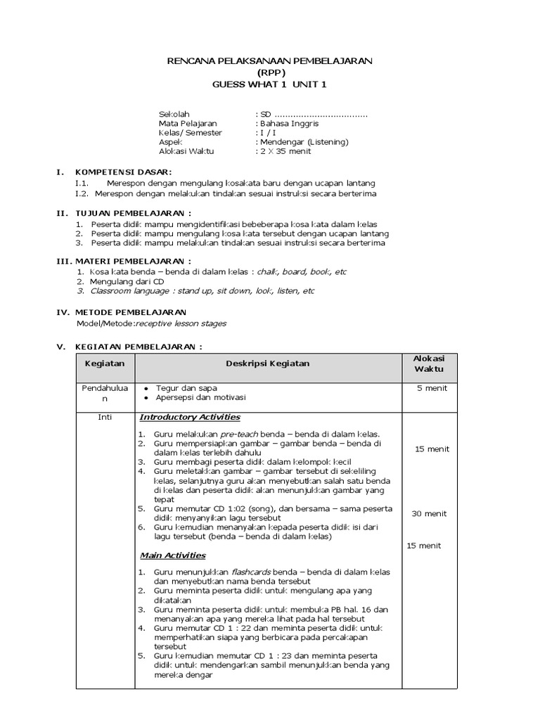 RPP Guess What - Level 1 - Unit 1 | PDF