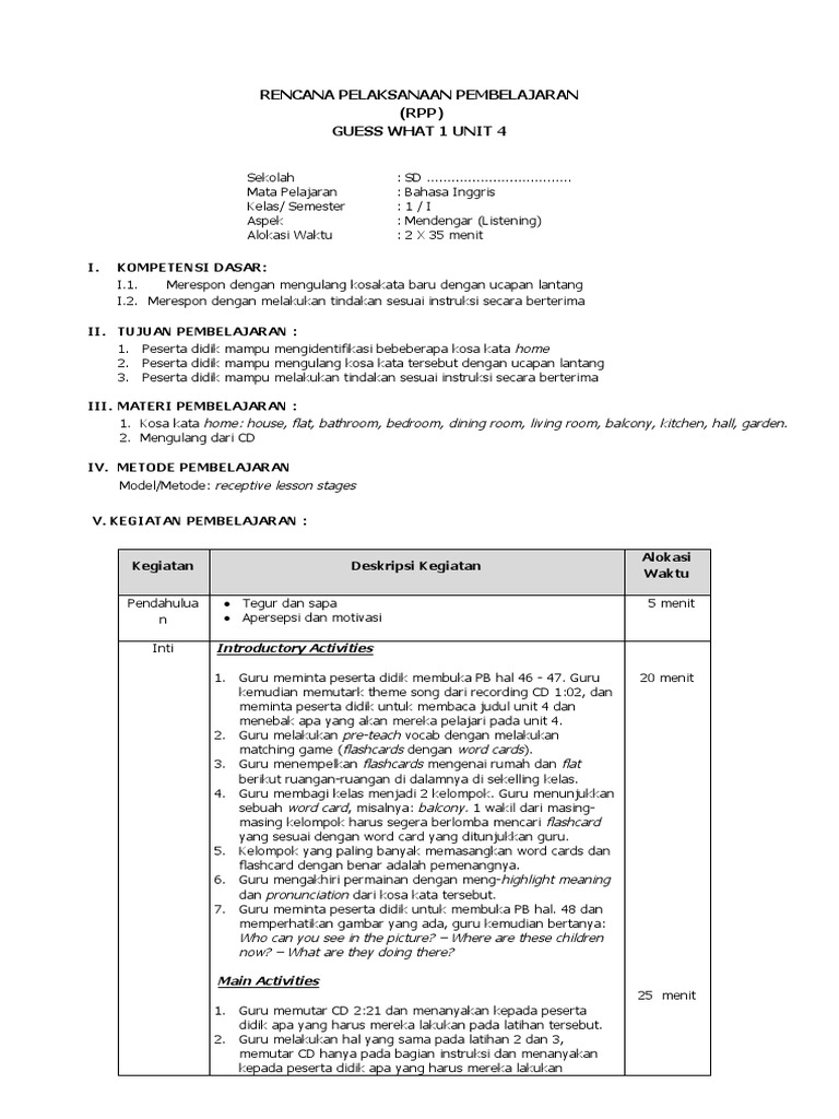 RPP Guess What - Level 1 - Unit 4 | PDF