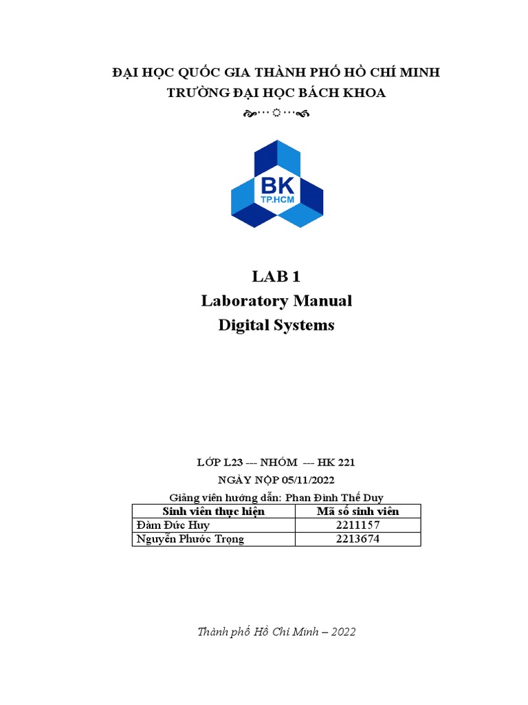 Lab 1 Laboratory Manual Digital Systems: Đại Học Quốc Gia Thành Phố Hồ Chí Minh Trường Đại Học ...