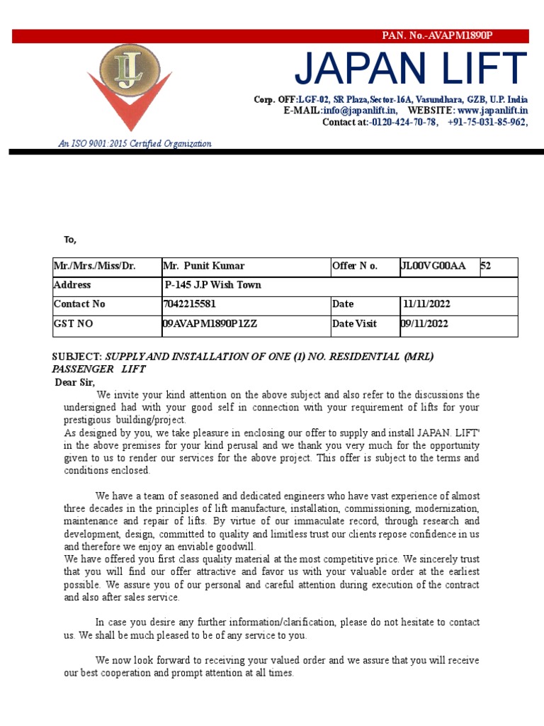New Lift Quotation Jp Wish Town P145docx Download Free Pdf 7894