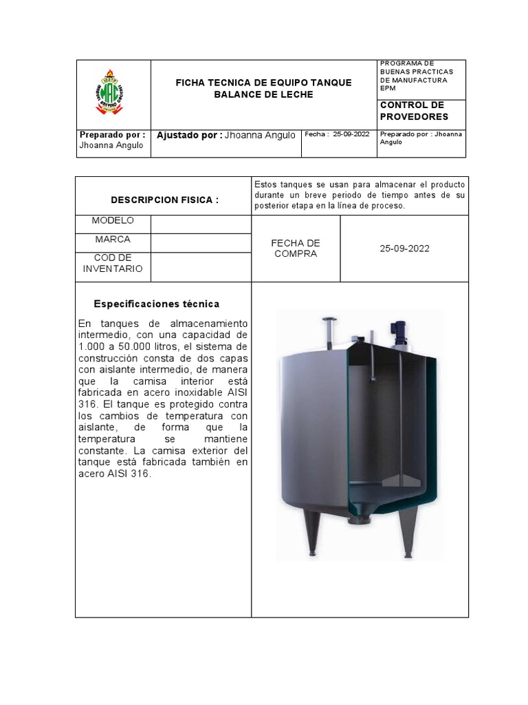 Ficha Tecnica | Descargar gratis PDF | Tanques | Acero