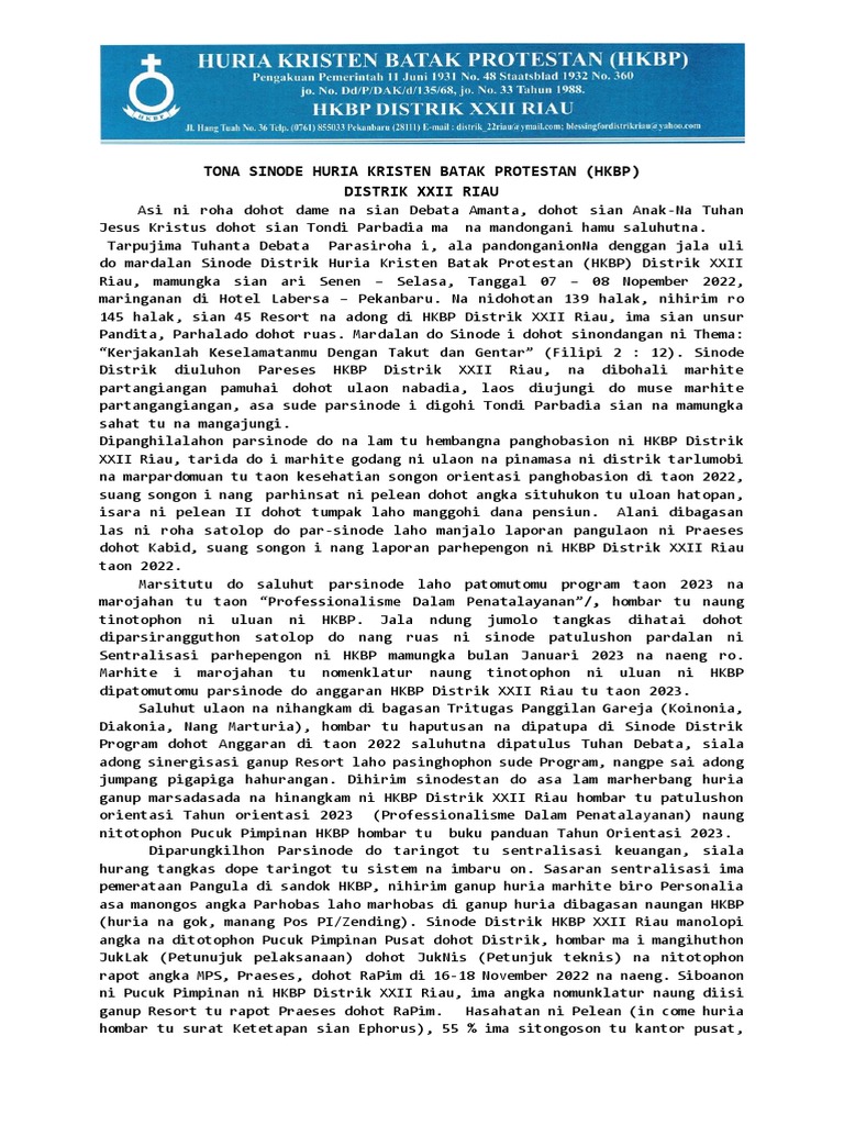 Tona Sinode Huria Kristen Batak Protestan Batak | PDF