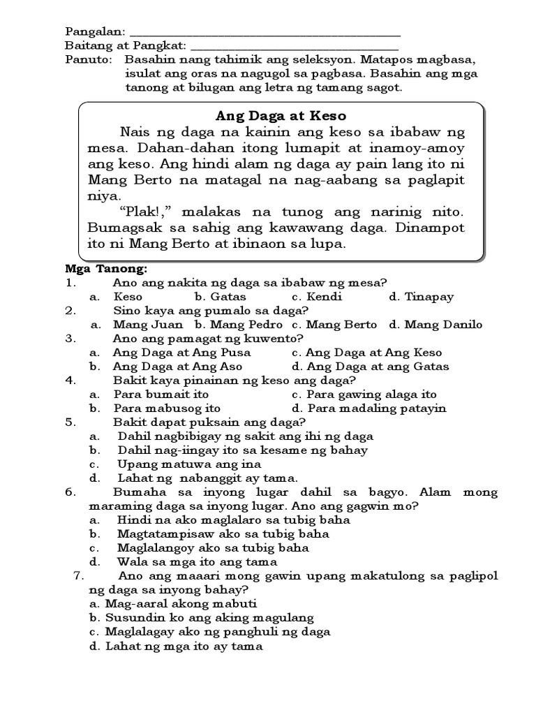 Gr. 2 Ang Daga at Keso | PDF