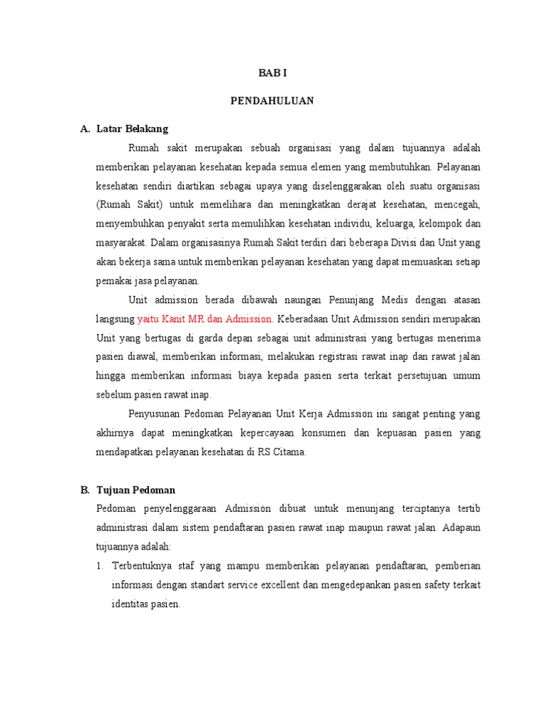 Contoh Pedoman Pelayanan Admisi Rs TH 22 | PDF