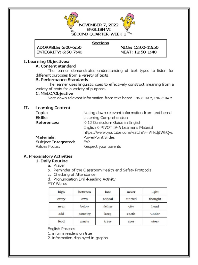 English q2 w1 Day 1 Noting Detail | PDF | Learning | English Language