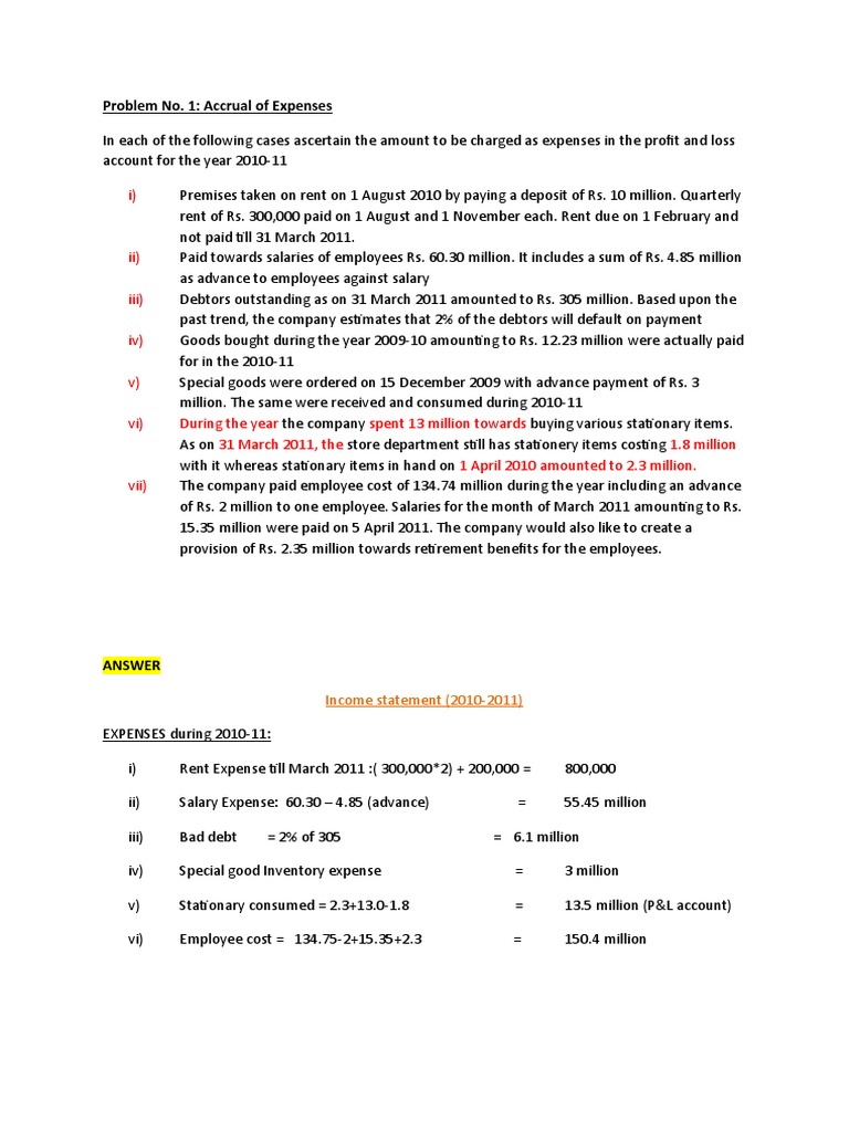 Problem No. 1: Accrual of Expenses: Income Statement (2010-2011) | PDF | Net Income | Expense